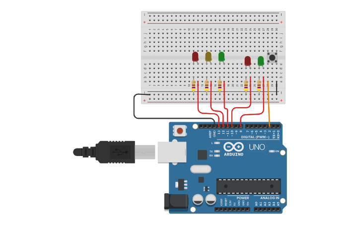 Circuit design Semaforo com botao - Tinkercad