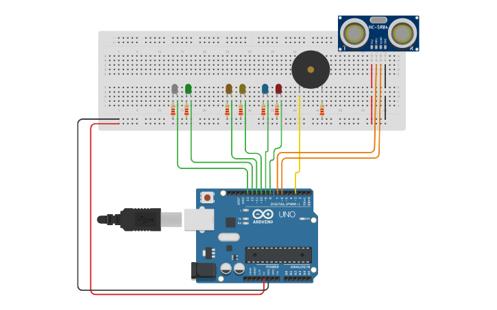 Circuit design EJERCICIO 3 Alarma de proximidad 6 distancias - Tinkercad