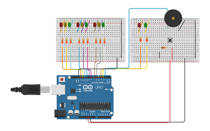 Circuit design traffic light with pedestrian - Tinkercad