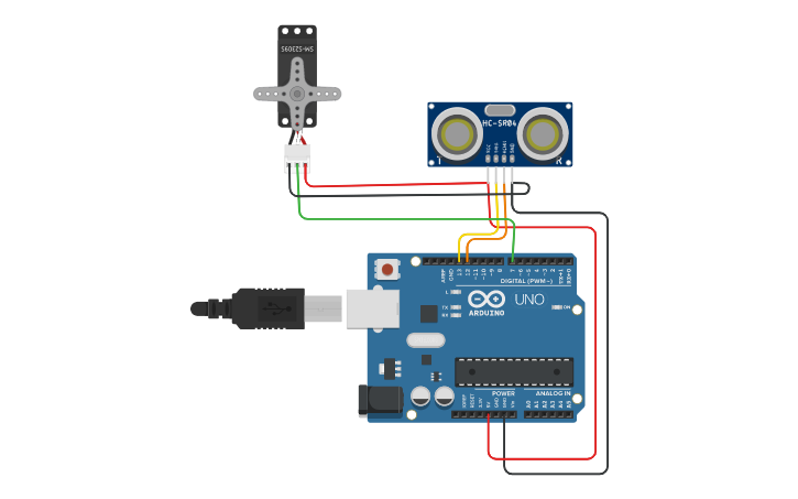 Circuit design Servo + Ultrasonic Sensor - Tinkercad