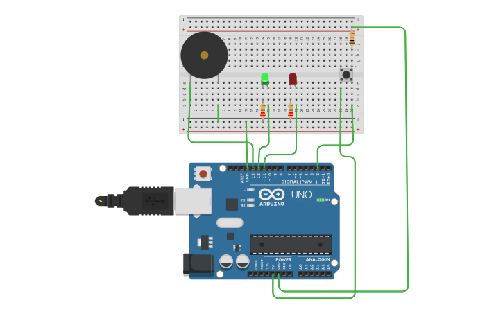 Circuit design dos led y un zumbador - Tinkercad Circuit design dos led y un zumbador - Tinkercad