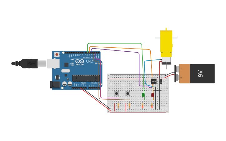 Circuit design Circuito 3. Arranque de motor con pulsadores. - Tinkercad