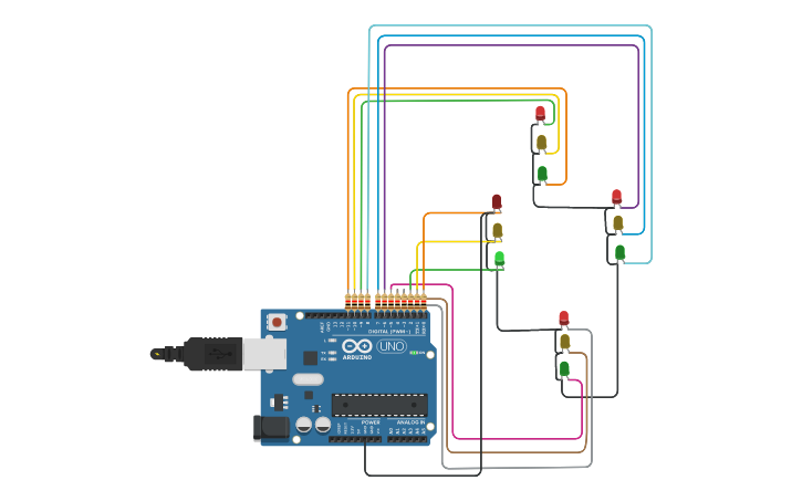 Circuit design SIMULASI LAMPU MERAH PEREMPATAN - Tinkercad