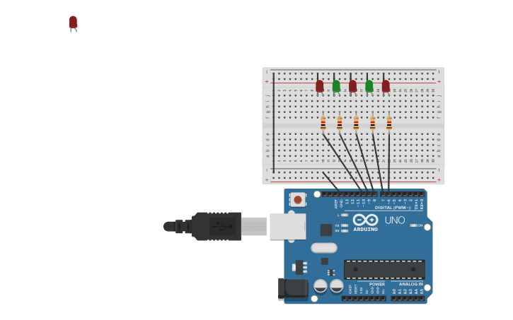 Circuit design Arduino - 5 LEDs con declaración de Variables - Tinkercad