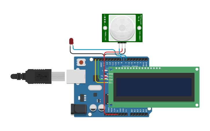 Circuit design PIR with I2C LCD and LED - Tinkercad