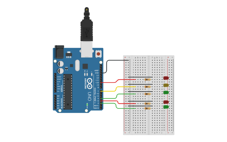 Circuit design Semáforo - 1 carro + 1 pedestre | Tinkercad