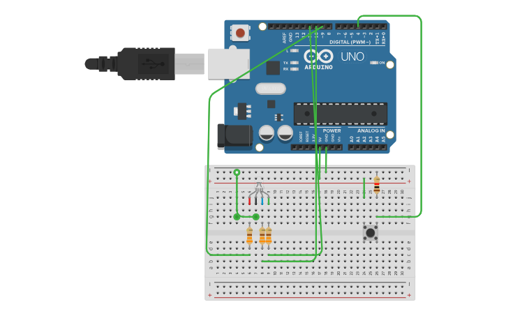 Circuit design Rgb led ve buton uyguluma 1.1 - Tinkercad