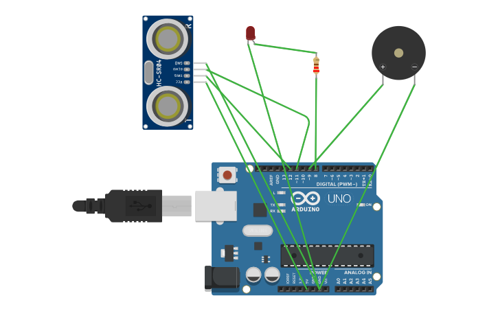 Circuit design Arduino ultrasonic sensor - Tinkercad