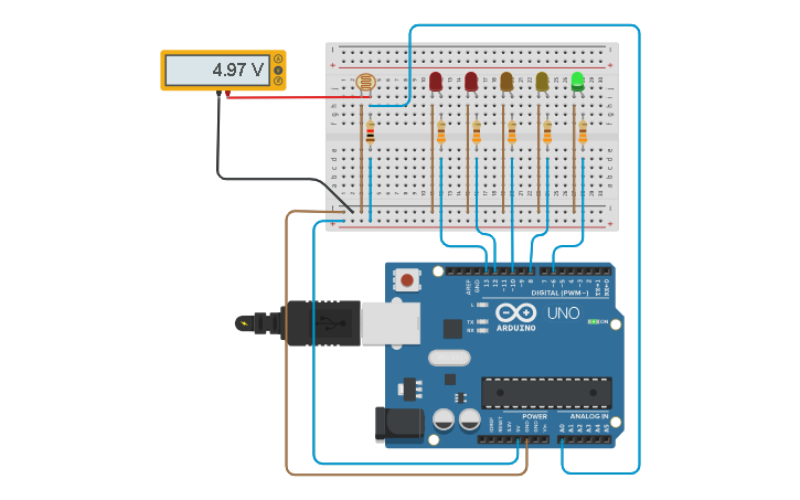 Circuit design SEMAFORO DE RADIACION-LDR - Tinkercad