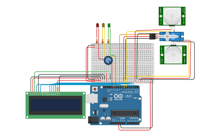 Circuit design porta automatica c/ 2 sensores | Tinkercad