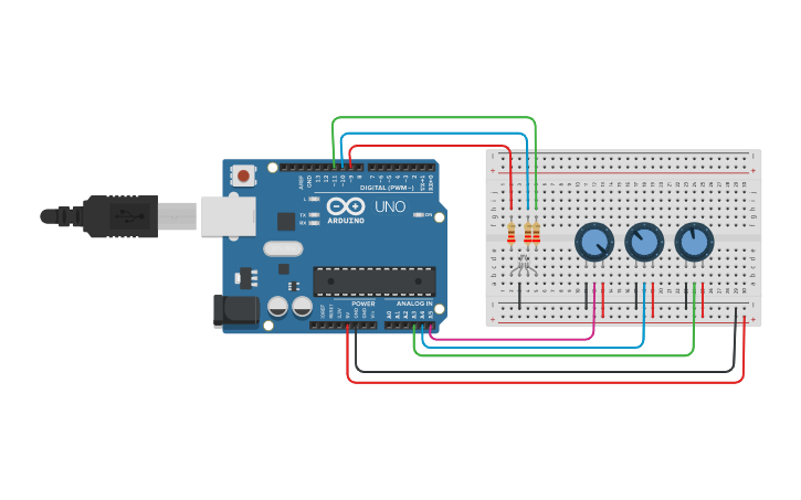 Circuit design Cambio de colores en un led RGB con potenciómetros y pwm ...