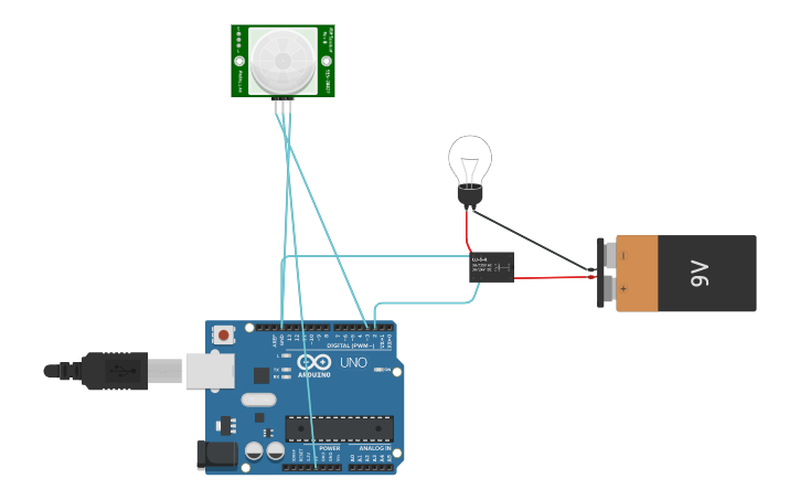 Circuit design Rele y Sensor PIR - Tinkercad