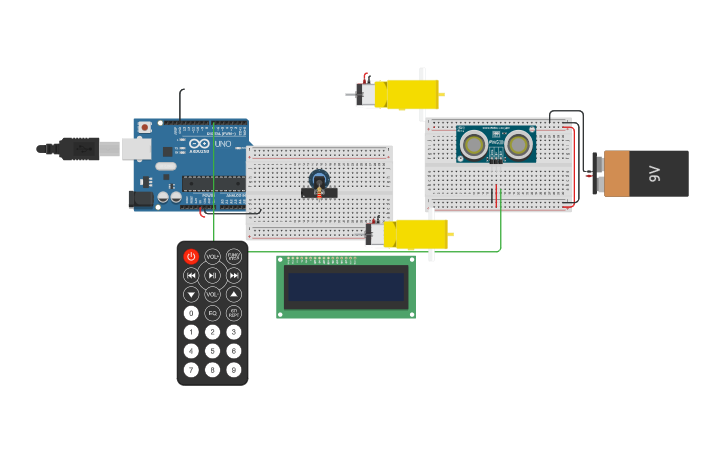Circuit design Carro a control remoto y LCD - Tinkercad