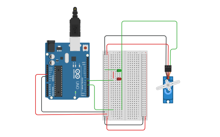 Circuit design wek10-c1-servo-moter-and-LED-example - Tinkercad