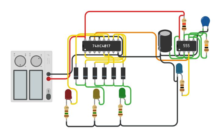 Circuit design Two Way Traffic Light (555 Timer, CD4017 Decade Counter) - Tinkercad