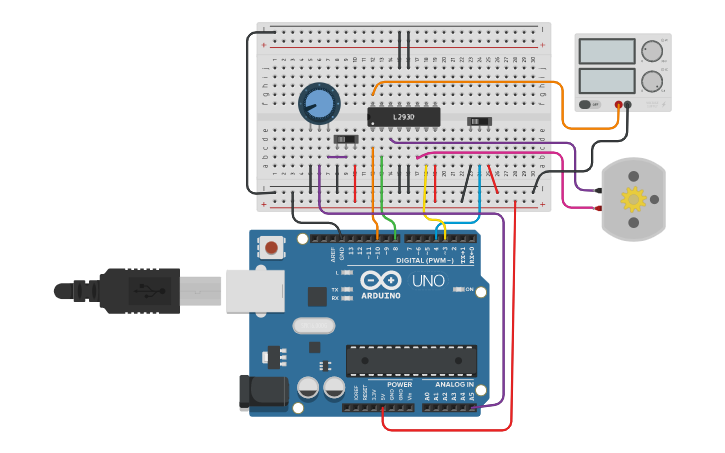 Circuit design l293d con potenciometro y cambio sentido, rto | Tinkercad