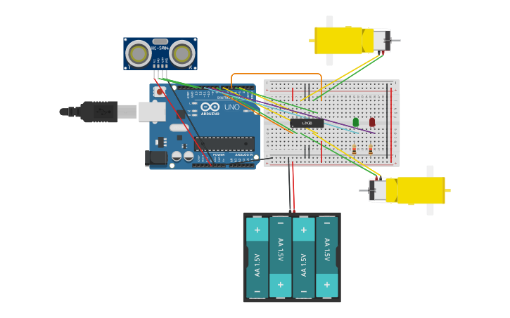 Circuit design puente h con sensor de distancia - Tinkercad Circuit design puente h con sensor de distancia - Tinkercad