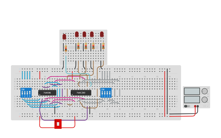 Circuit design 4-bit adder /subtractor using IC74283 - Tinkercad