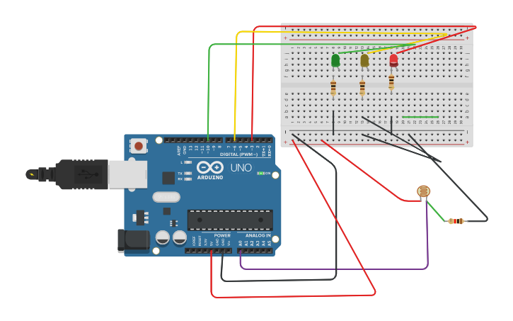Circuit design For Loop with 3 lights and photo Resistor | Tinkercad