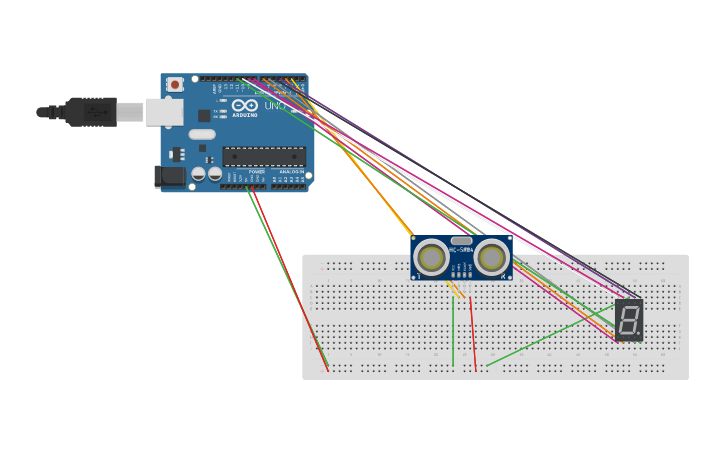 Circuit design Ultrasonic with 7 segment - Tinkercad
