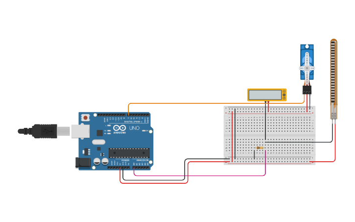 Circuit design Servo motor atuando com sensor flexível - Tinkercad
