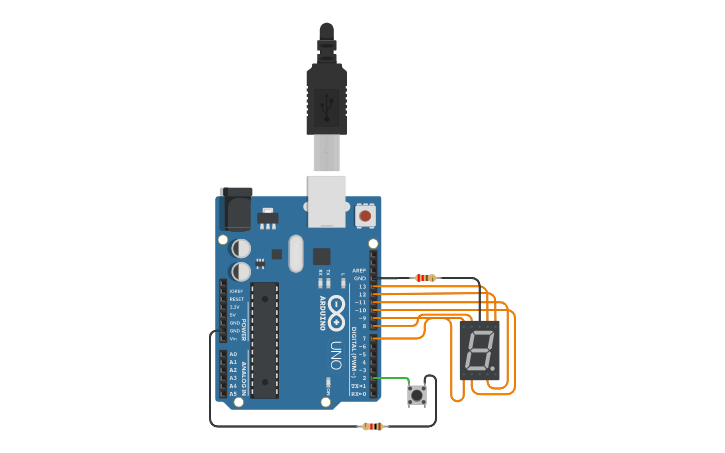 Circuit design 25-Seven Segment 1 digit Cathode Type Control by Button - Tinkercad