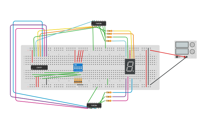 Circuit design 7 Segment LED( cathode) with cd4511 (DIP-SWITCH) - Tinkercad
