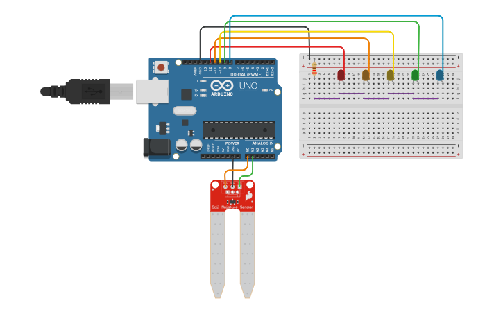 Circuit design LED's con sensor de humedad - Tinkercad