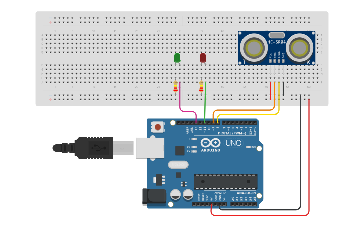 Circuit design ULTRASONIC SENSOR WITH 2 LED - Tinkercad