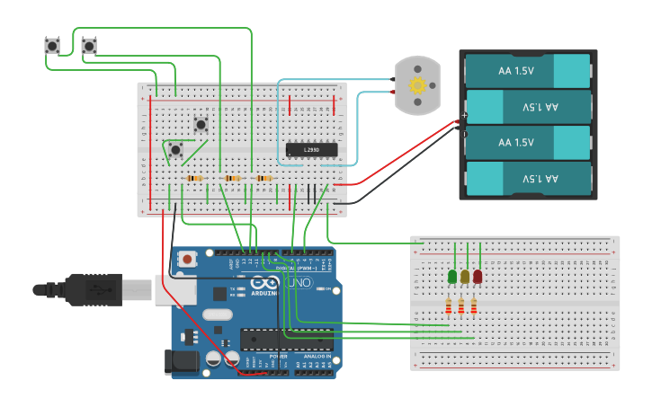 Circuit design Puerta automatica con luces y finales de carrera - Tinkercad