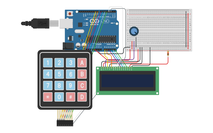 Circuit design Máquina de estado SENHA LCD 16x2 + Keypad 4x4 | Tinkercad Circuit design Máquina de estado SENHA LCD 16x2 + Keypad 4x4 | Tinkercad