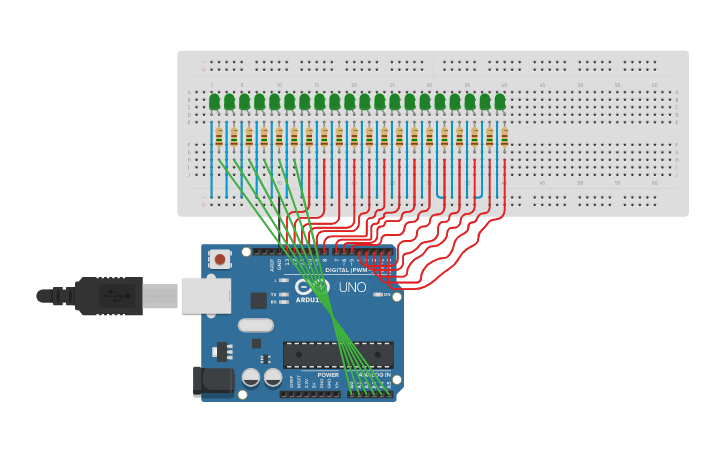 Circuit design Copy of CIRCUITO 11 multiples leds parpadeando | Tinkercad