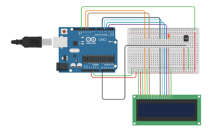 Circuit design Copy of PROJETO: Sensor de Temperatura | Tinkercad