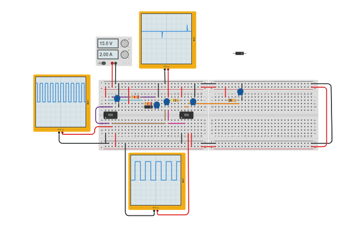 Circuit design astable+monostable using 555 - Tinkercad