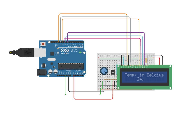 Circuit design Menampilkan temperatur suhu - Tinkercad