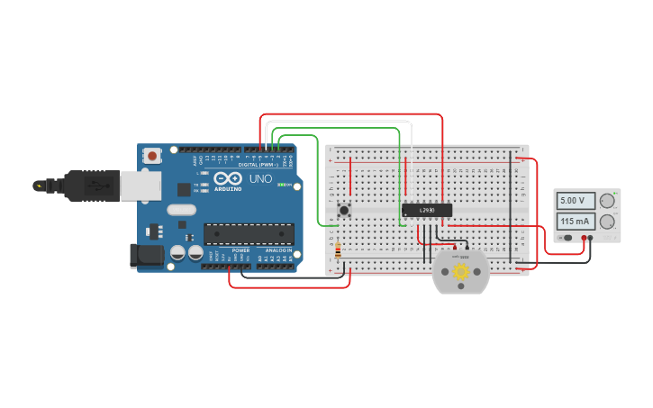 Circuit design motore, pulsante, stati finiti - Tinkercad