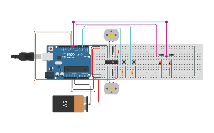 Circuit design 2 MOTORES / L293D/PULSADOR/INTERRUPTOR - Tinkercad