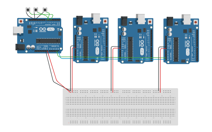 Circuit design 7.3.Buton ile I2C 3 slave led kontrol - Tinkercad