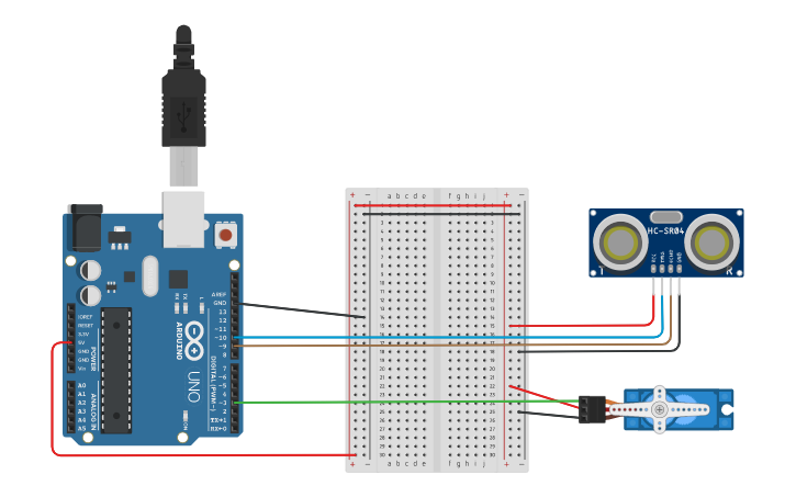 Circuit design ultrasonic boom gate - Tinkercad