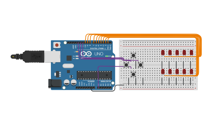 Circuit design LED pattern up down code arduino | Tinkercad