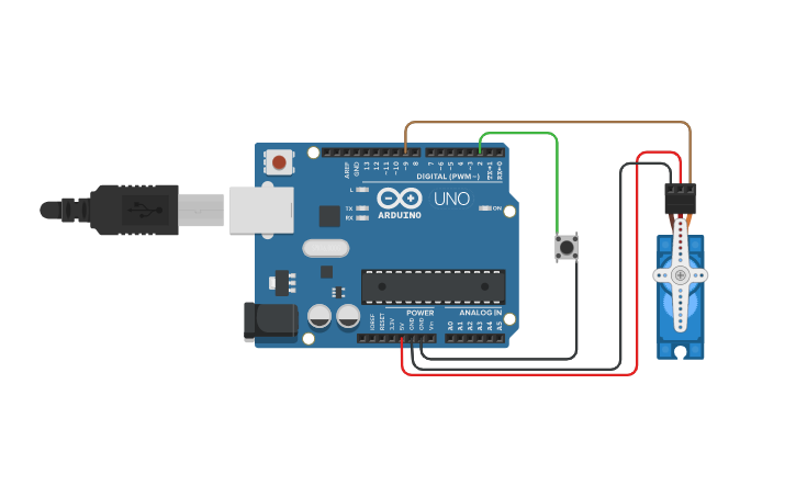 Circuit design Tombol Tekan + Servo - Tinkercad