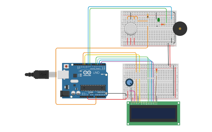 Circuit design Gas Led + Piezo + LCD - Tinkercad