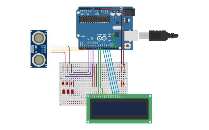 Circuit design sensor de distancia con LCD y LEDS - Tinkercad Circuit design sensor de distancia con LCD y LEDS - Tinkercad
