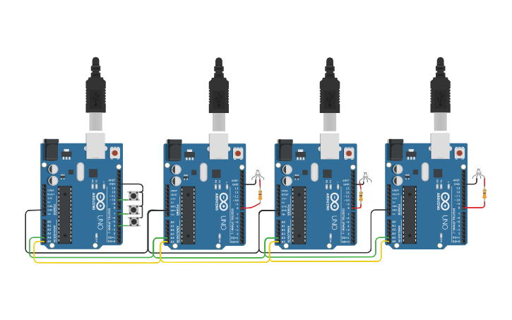 Circuit design Comunicação I2C 4 Arduínos - Tinkercad