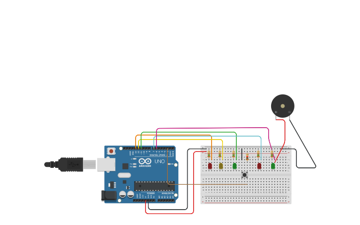 Circuit design Semáforo com pedestre e botão - Tinkercad