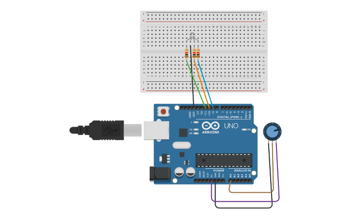 Circuit design RGB LED with a potentiometer - Tinkercad