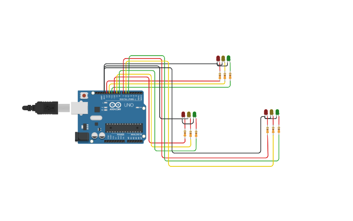 Circuit design Semáforo_de_3_Vías_con_Arduino - Tinkercad