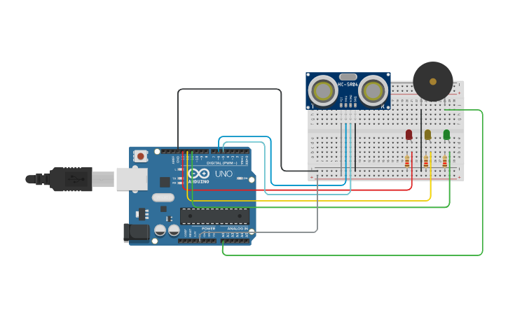 Circuit design Sensor de Distancia con sonido - Tinkercad