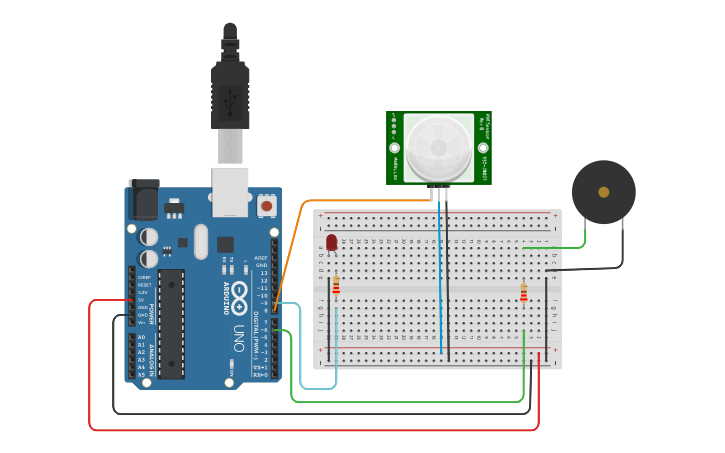 Circuit design PIR+Led+Buzzer - Tinkercad