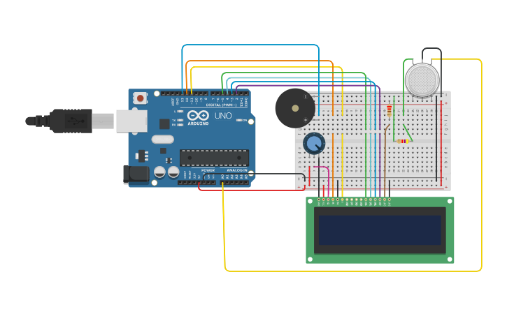 Circuit design Sensor de Gas con LCD - Tinkercad Circuit design Sensor de Gas con LCD - Tinkercad
